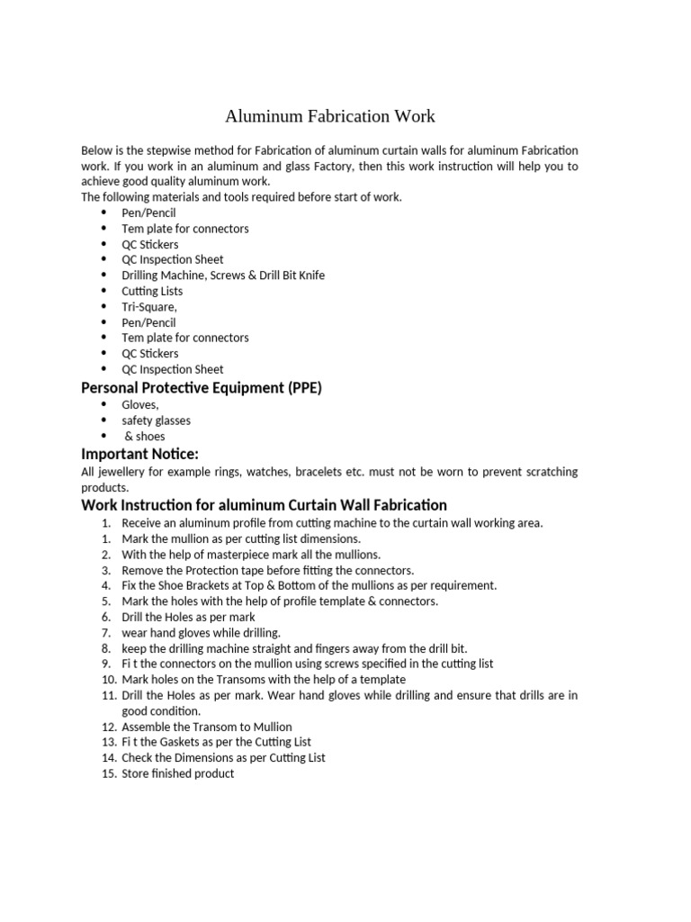 Aluminum Curtain Wall Fabrication Guide | PDF | Drilling | Drill