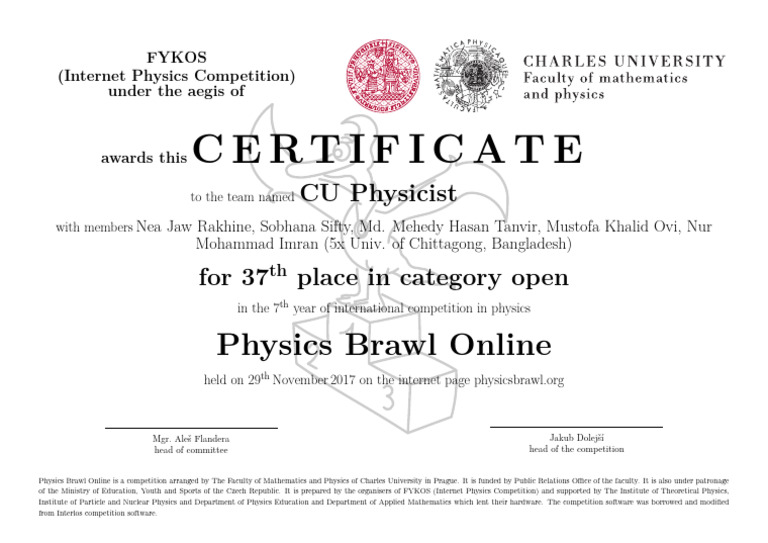 Physics Brawl Certificate | PDF
