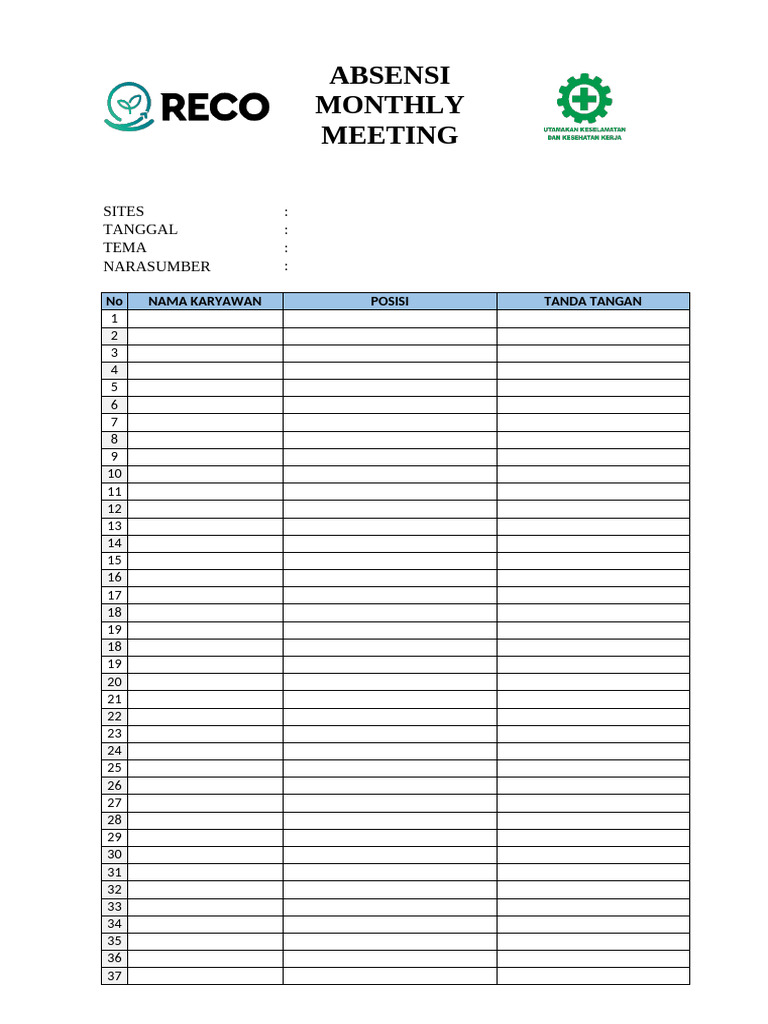 Form Absensi Monthly Meeting | PDF