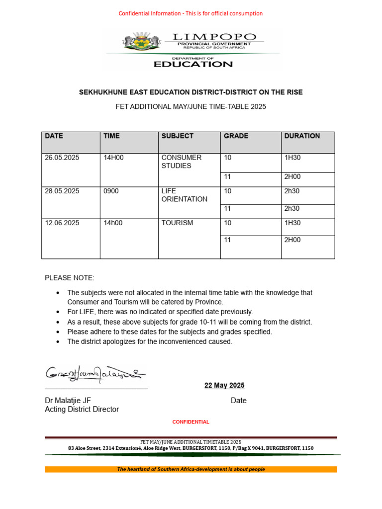 Grade 10 FET Exam Timetable 2025 | PDF
