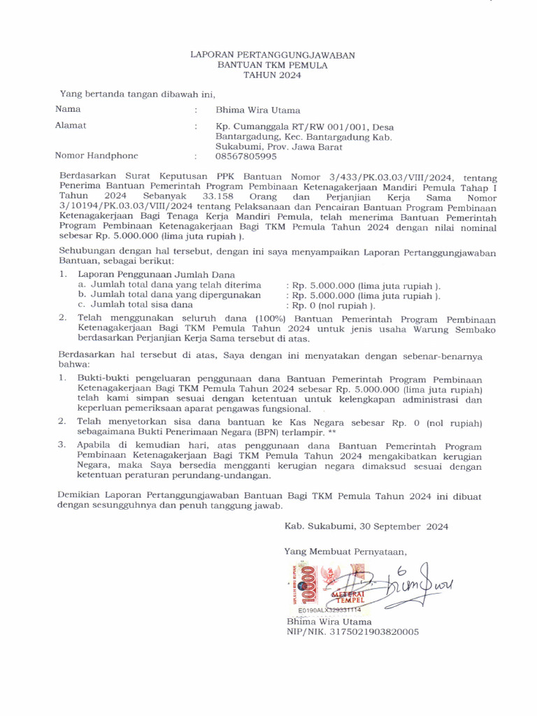 Laporan Pertanggungjawaban TKM Pemula 2024 | PDF