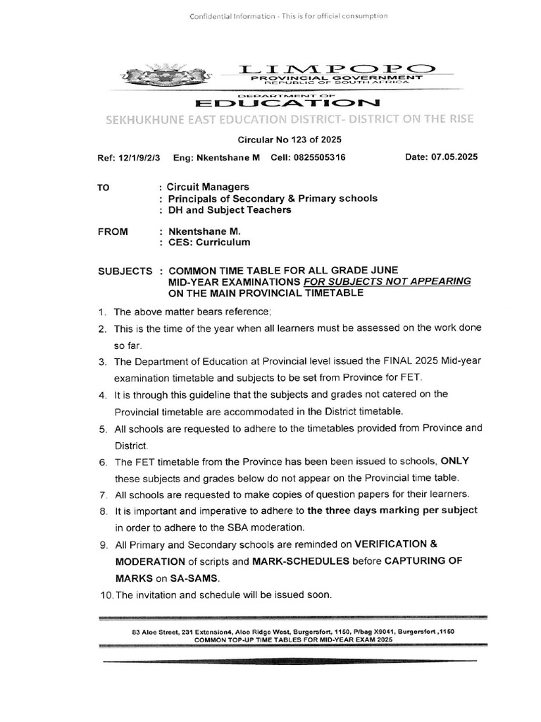 Common Time Table For All Grade June Mid-Year Examinations For Subjects ...