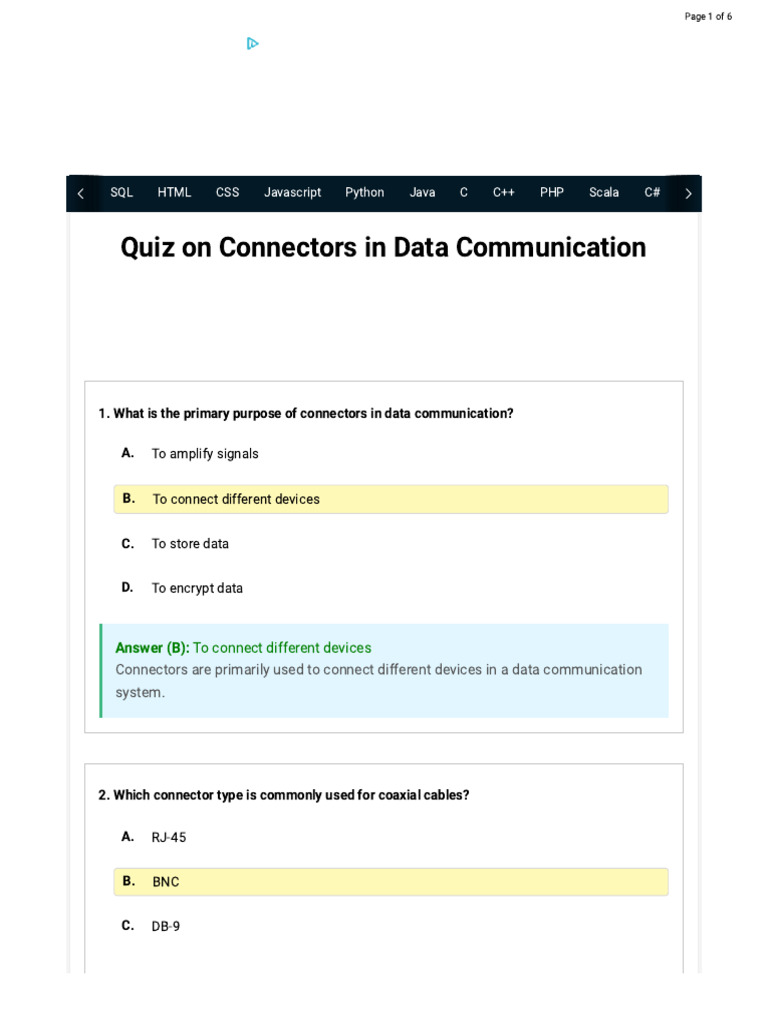 Quiz On Connectors in Data Communication | PDF | Cable Television | Electrical Connector