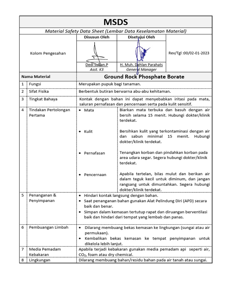 MSDS Pupuk Rock Phosphate | PDF