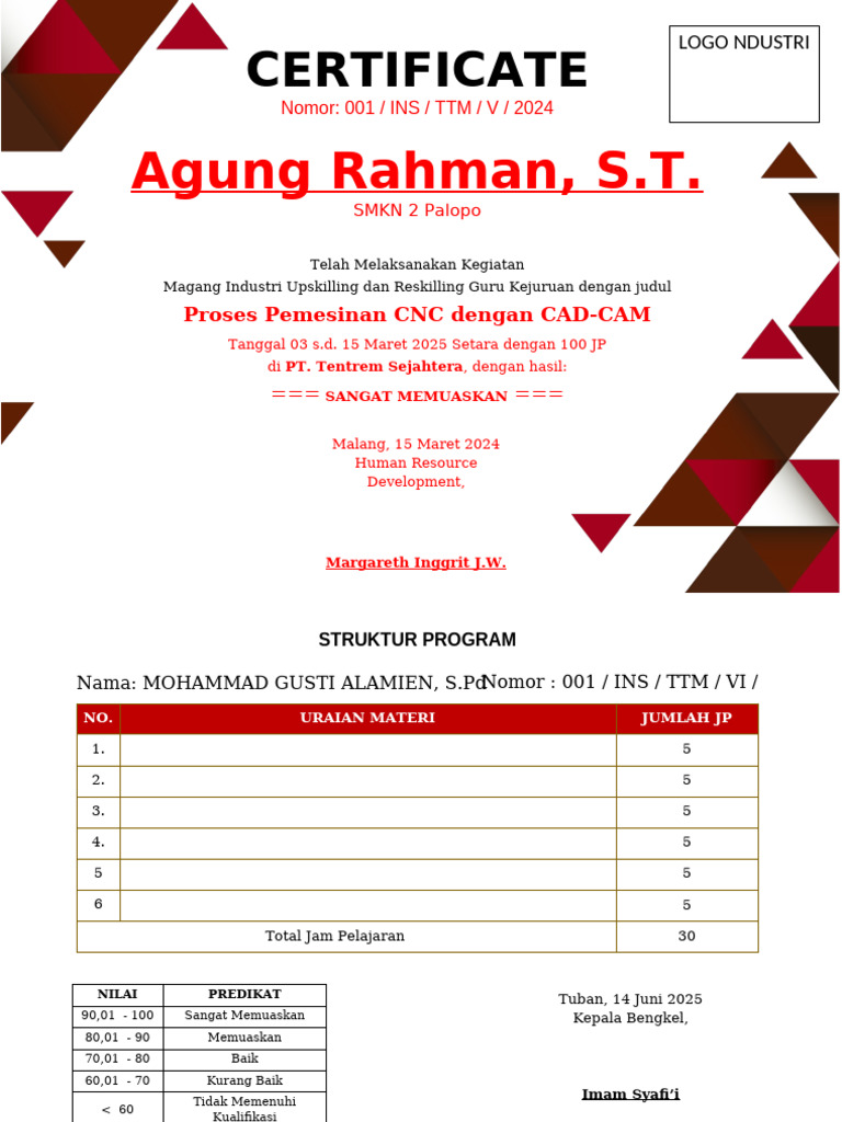 Draft Sertifikat Magang Industri | PDF