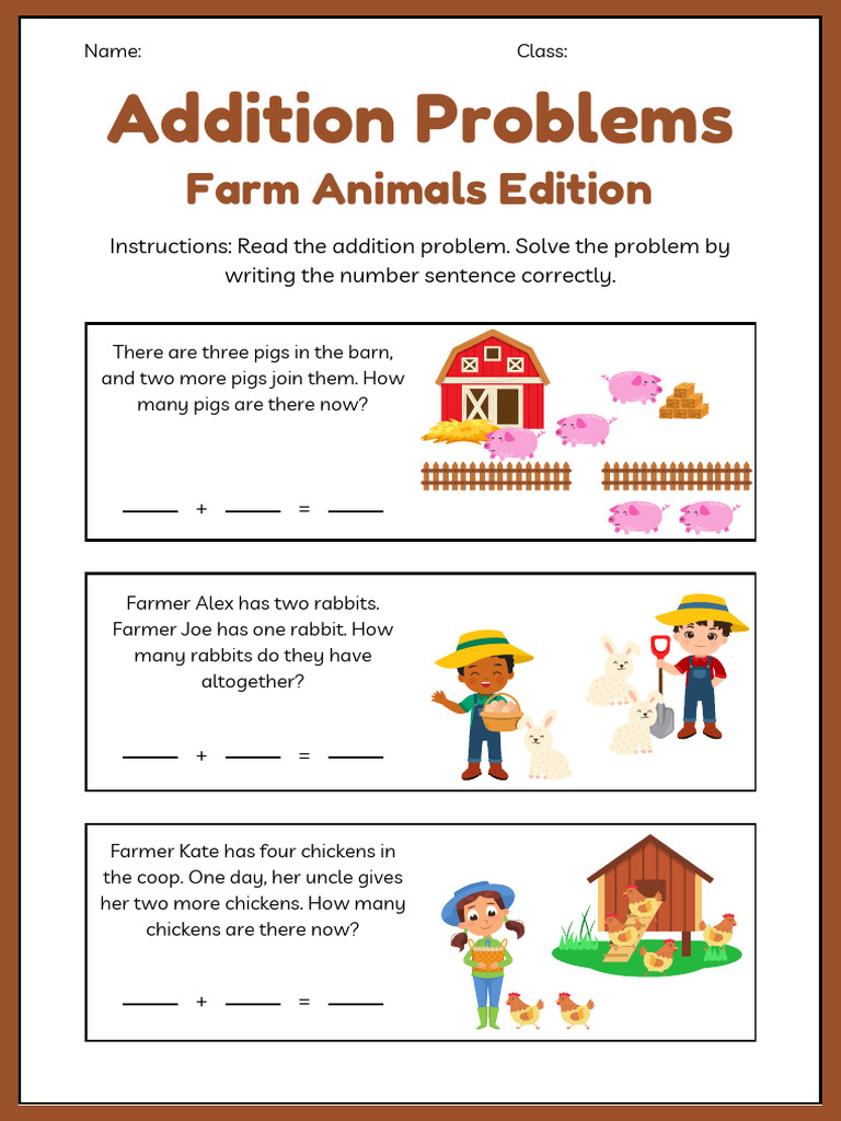 Brown Colorful Farm Animals Addition Problems Math Worksheet | PDF