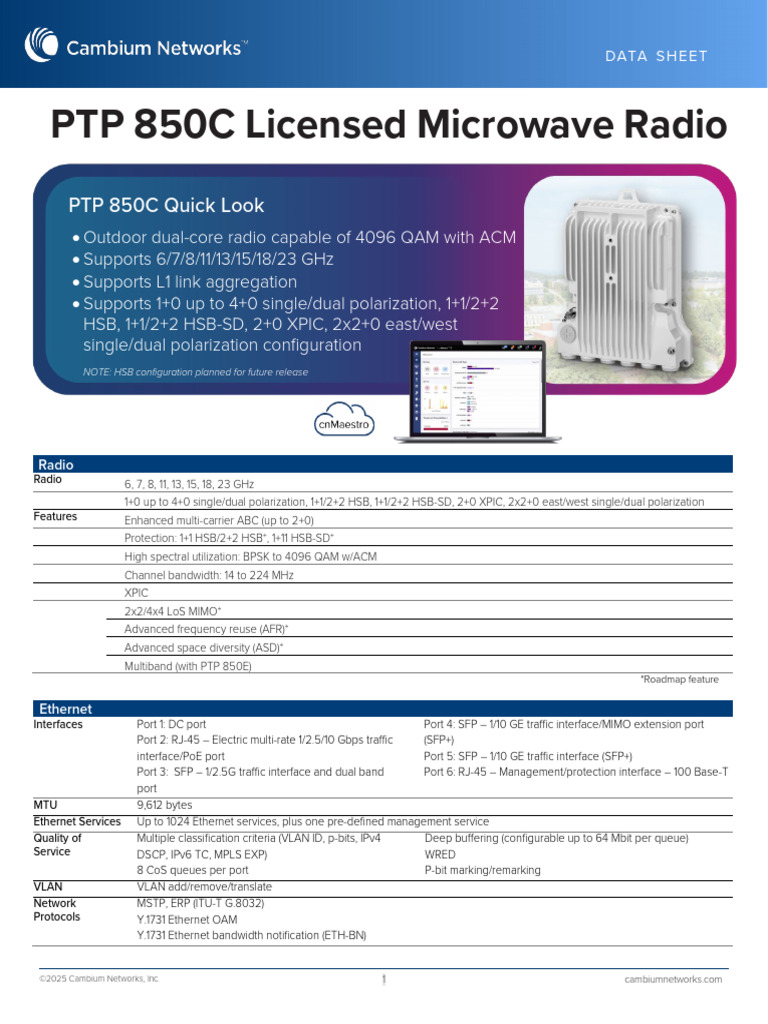 Cambium Networks Data Sheet PTP 850C | PDF | Ethernet | Network Architecture