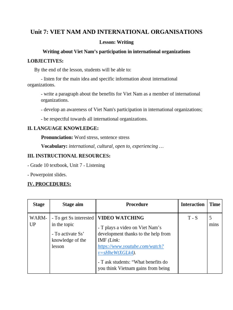 Lesson Plan E10 U7 Writing | PDF | Vietnam | Vietnamese People
