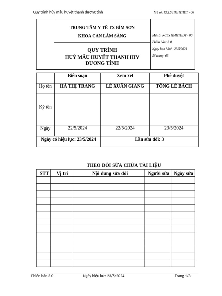06 Quy Trinh Huy Mau Huyet Thanh | PDF