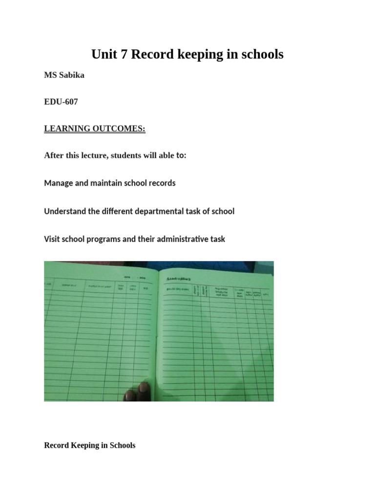 Unit 7 Record Keeping in Schools | PDF | Teachers | Information