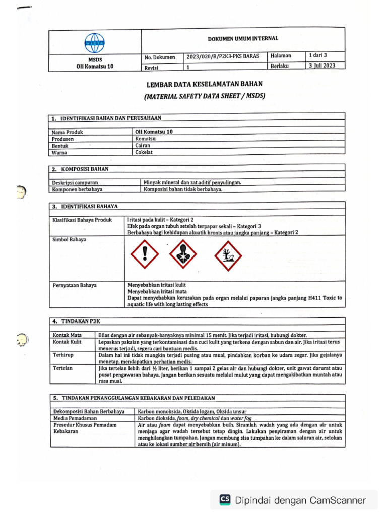 MSDS Oli Komatsu 10 | PDF