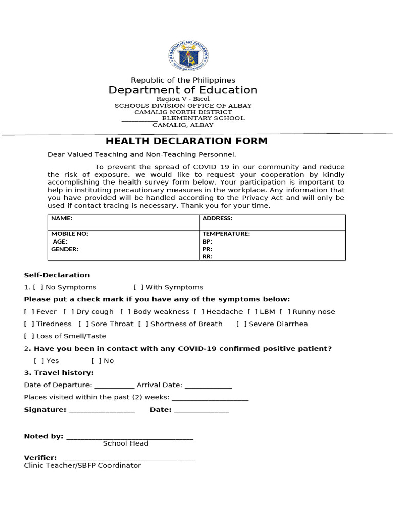 Health Declaration Form For DepEd Personnel | PDF