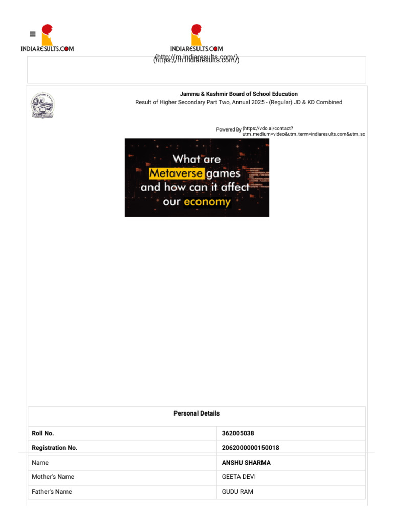 Result of Higher Secondary Part Two, Annual 2025 - (Regular) JD & KD ...