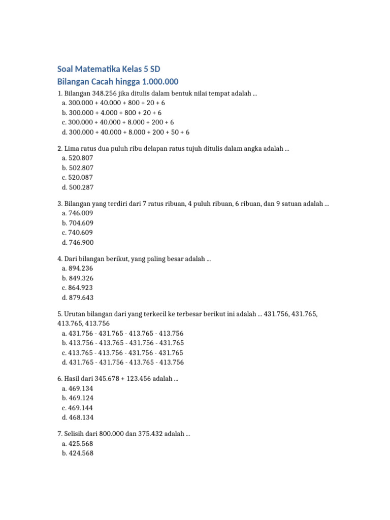 Soal Matematika Kelas 5 Bilangan Cacah | PDF