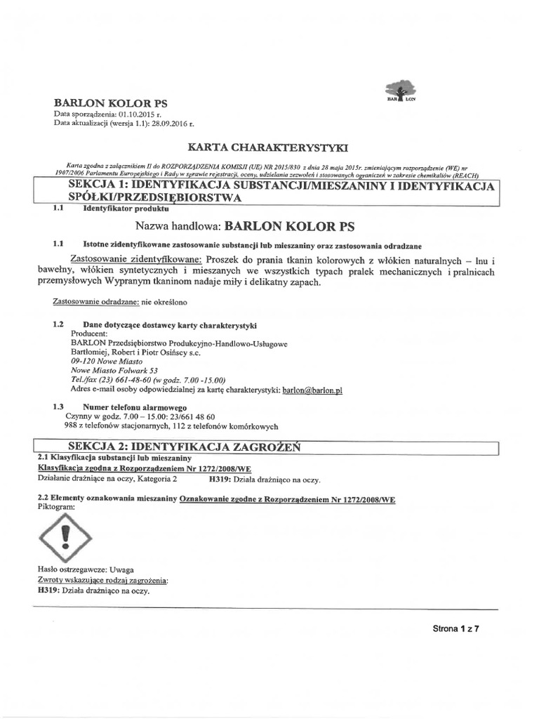 Barlon Proszek Kolor Karta Charakter. | PDF