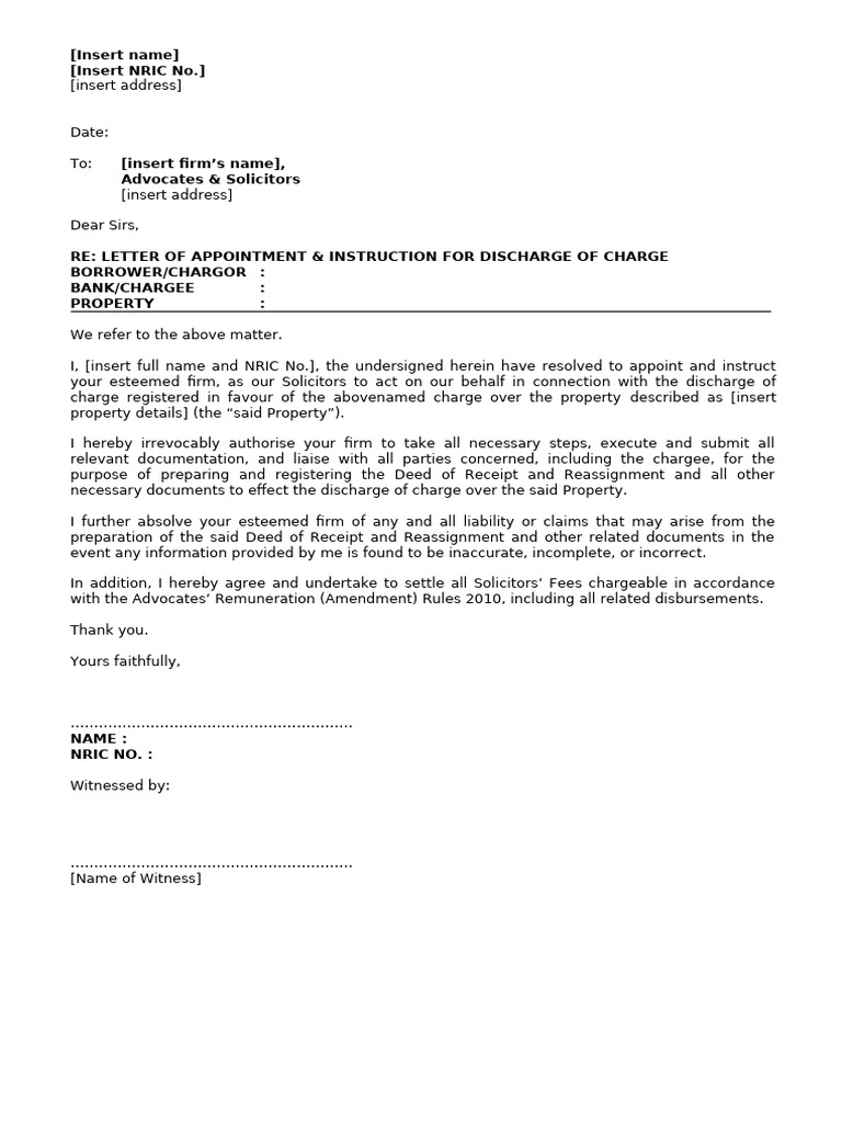 Letter of Instruction for Discharge of Charge | PDF