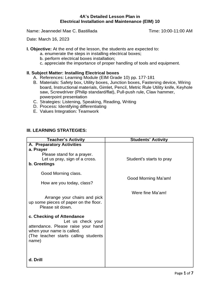 Lesson Plan Grade 10 Installing Electrical Boxes | PDF