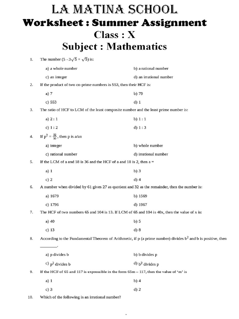 Class 10 Maths Worksheet | PDF