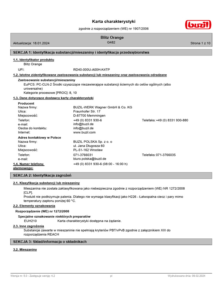 Blitz Orange 10 L Środek Do Mycia Powierzchni Wodoodpornych | PDF