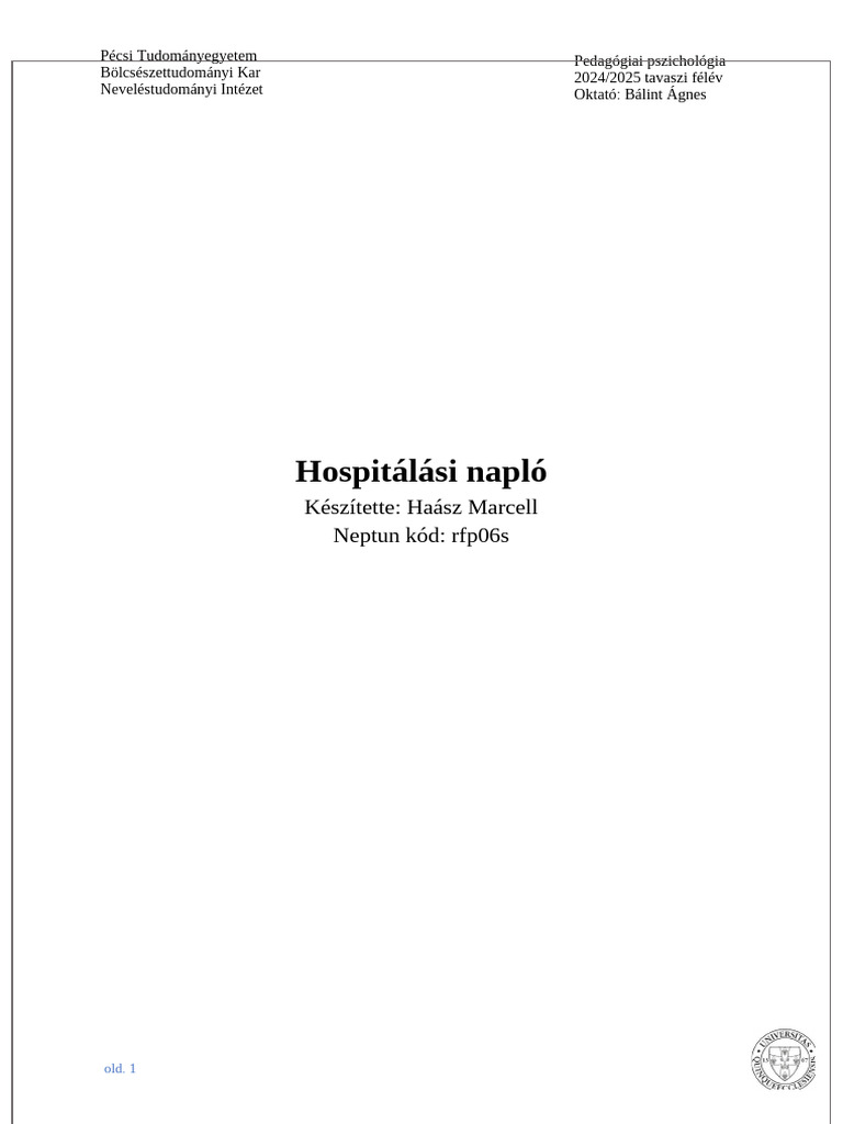 Hospitálási Napló - És Igazolólap - Haász Marcell | PDF