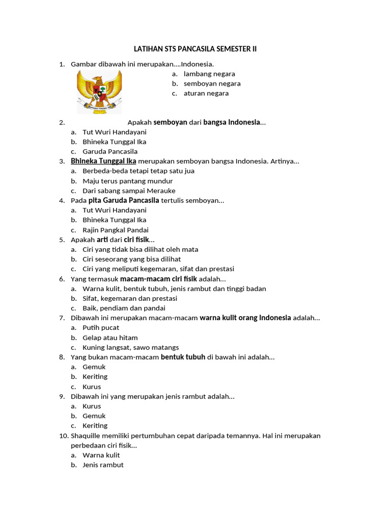 Latihan Sts Pancasila Semester II | PDF