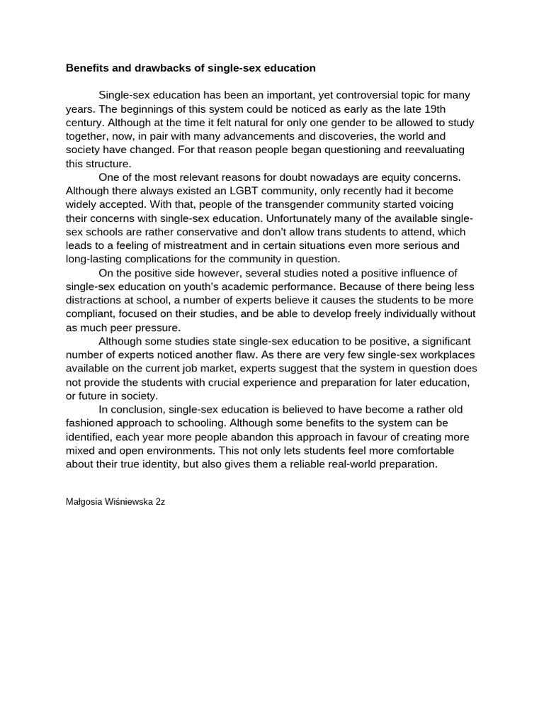 Essay Single Sex Education | PDF