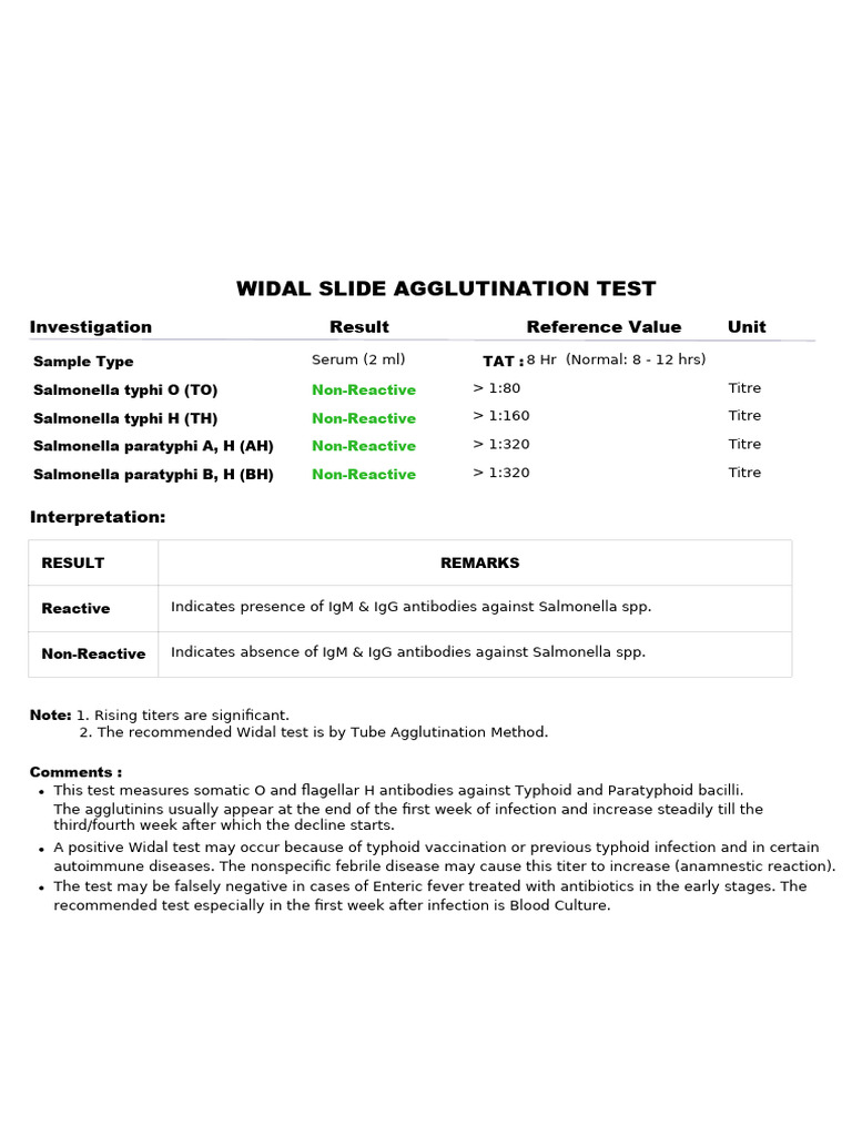 Widal Test Report for Typhoid Detection | PDF