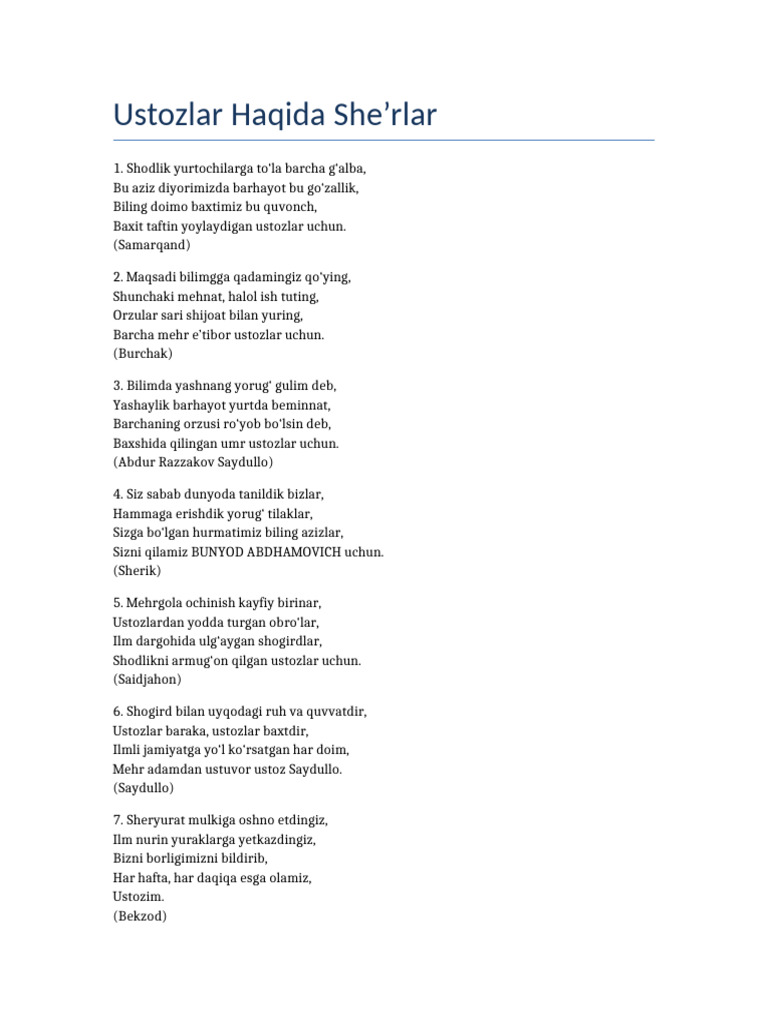 Ustozlar Haqida Sherlar | PDF