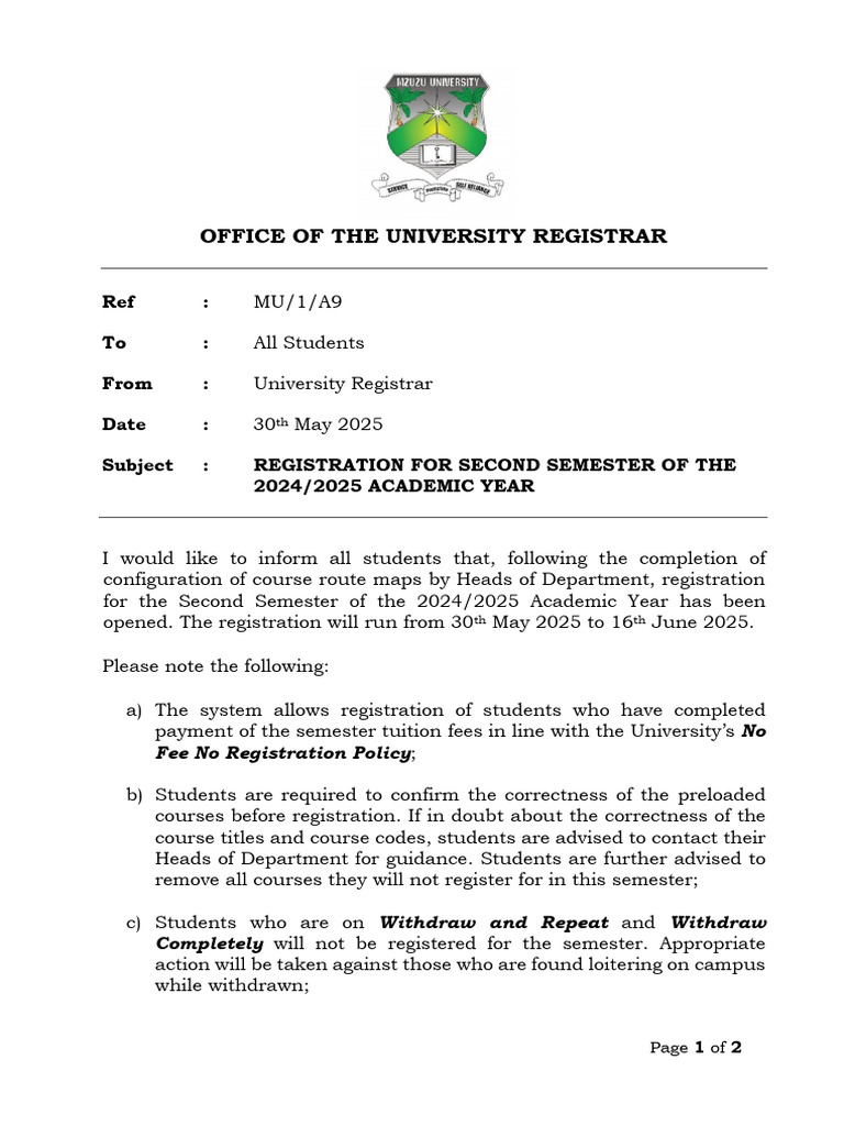 Memo - Registration For Second Semester May 2025 - All Students | PDF ...