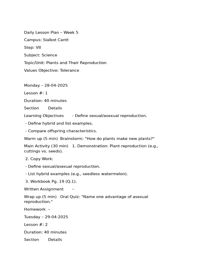 Week 5 Science Lesson Plan: Plant Reproduction | PDF | Flowers ...