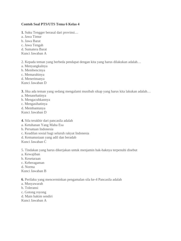 Contoh Soal PTS Tema 6 Kelas 4 | PDF