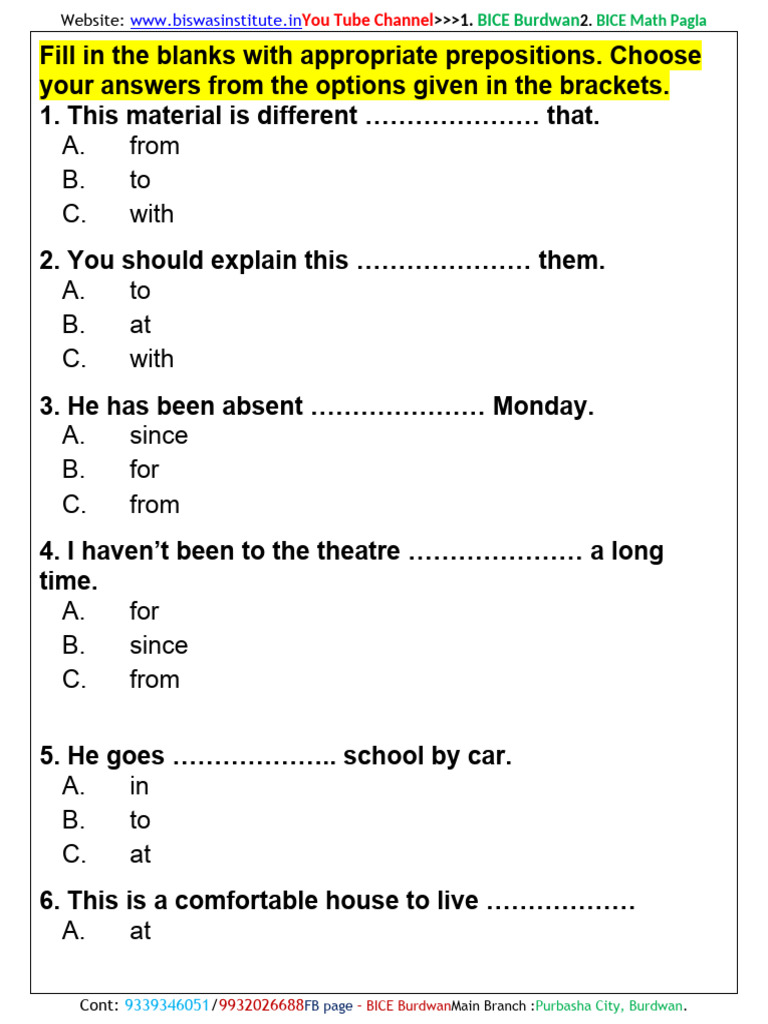 Preposition Exercise Class 4 | PDF