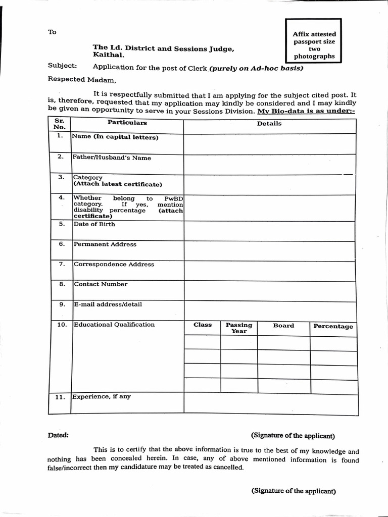 Kaithal Court Clerk Recruitment 2025 Application Form | PDF