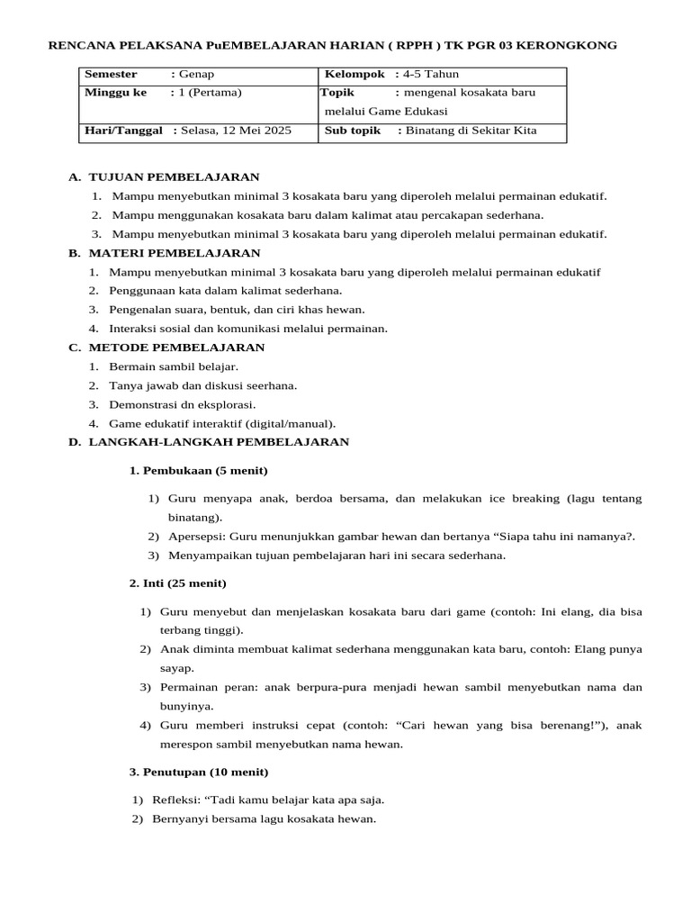 RPPH Edukasi Kosakata Binatang TK | PDF