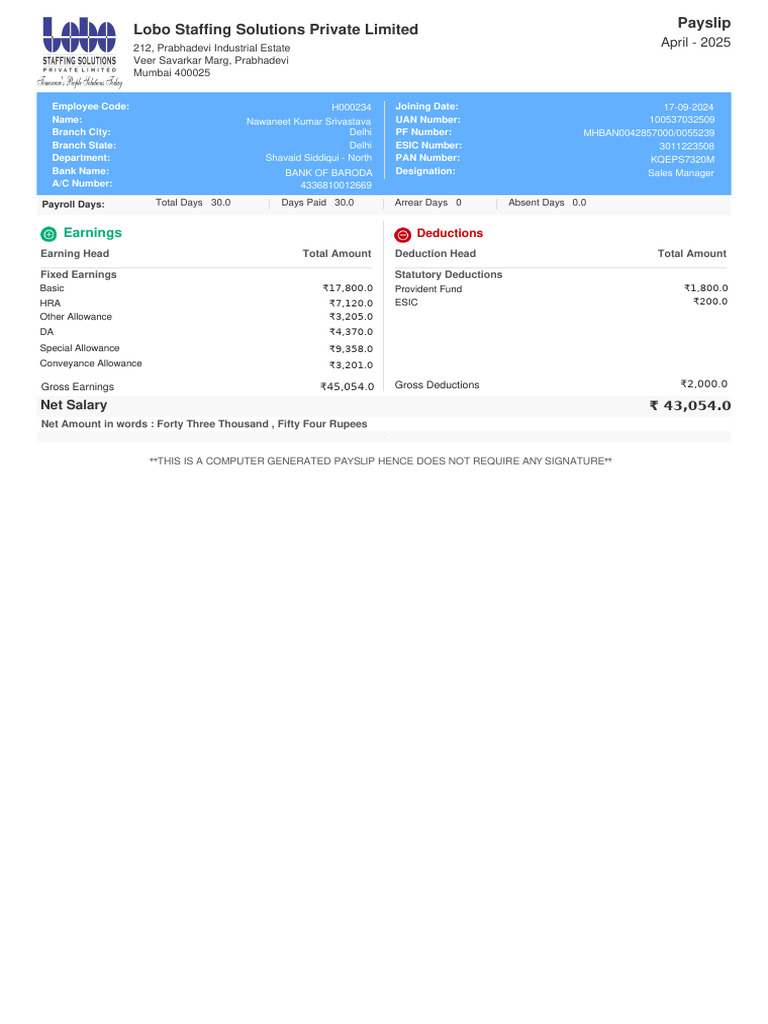 UBAID AHMAD H000839 April 2025 Employee Basic Payslip-1-2 (1) | PDF | Currency | Working Conditions