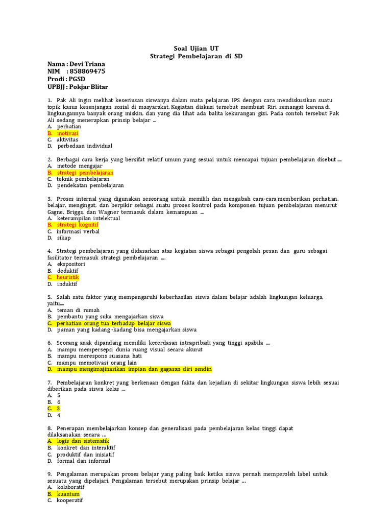 Latihan Soal UAS Strategi Pembelajaran Di SD | PDF