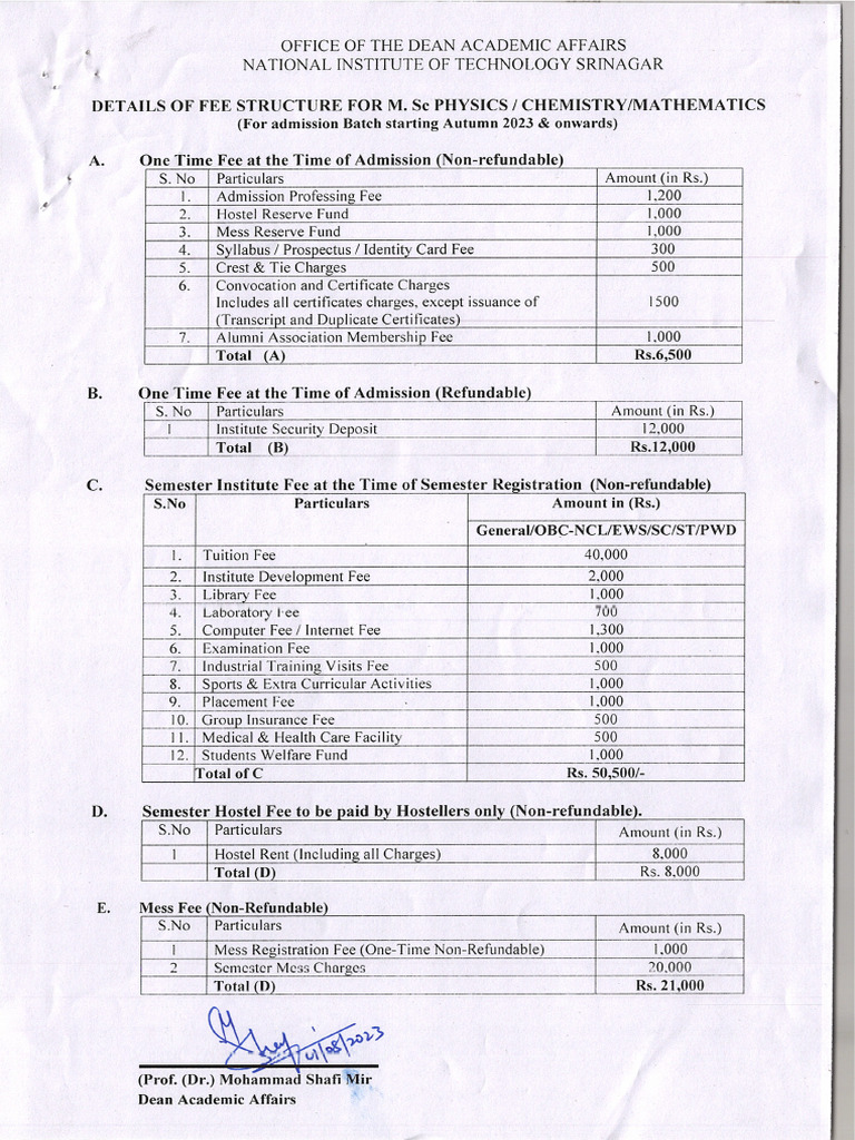Fee Structure For M.SC Physics, Chemistry and Mathematics For The ...