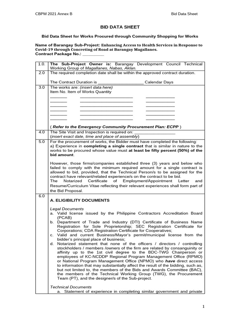 Magallanes CBPM 2021 Annex B - Bid Data Sheet | PDF | Business