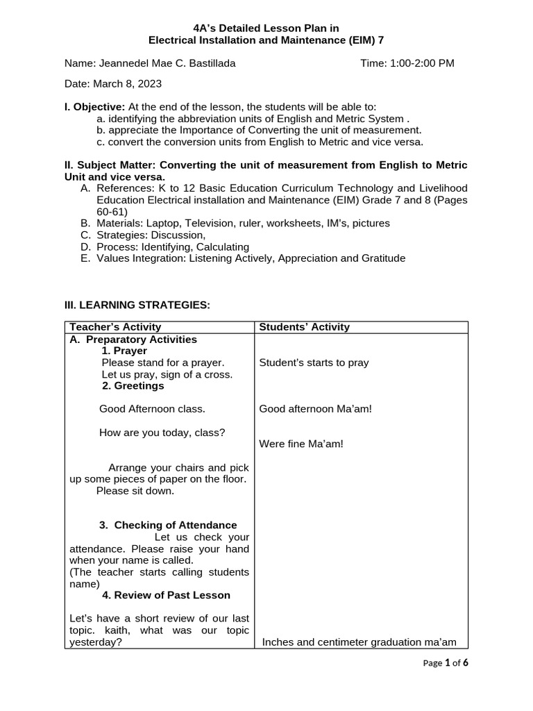 Lesson Plan Grade 7&8 Converting | PDF | Foot (Unit) | Units Of Measurement