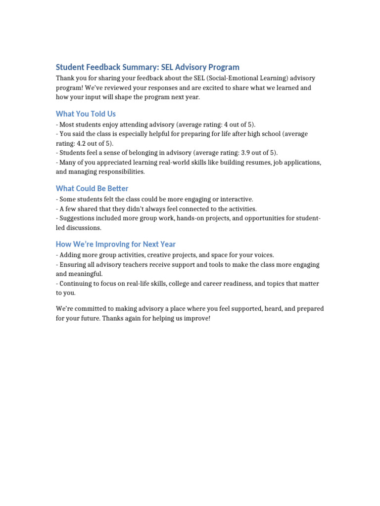 SEL Advisory Student Feedback Report | PDF