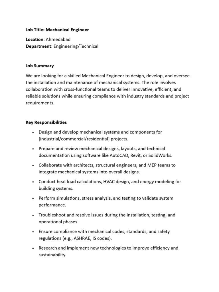 Mechanical Engineer Job in Ahmedabad | PDF