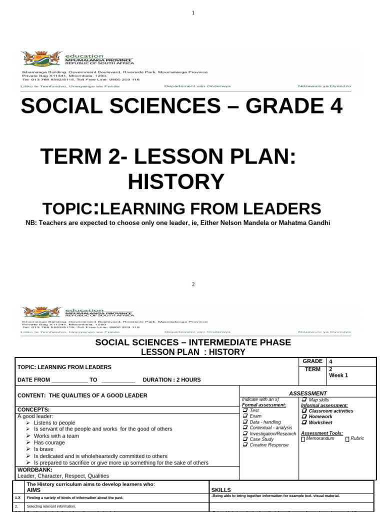 Grade 4 History: Learning from Leaders | PDF | Lesson Plan ...