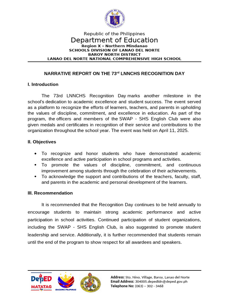 73rd LNNCHS Recognition Day Report | PDF | Behavior Modification | Learning