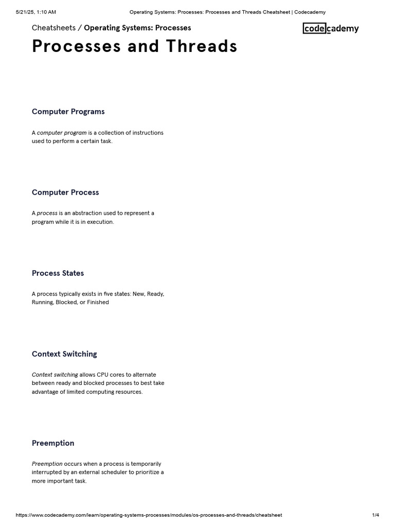 Operating Systems - Processes - Processes and Threads Cheatsheet - Codecademy | PDF | Thread ...