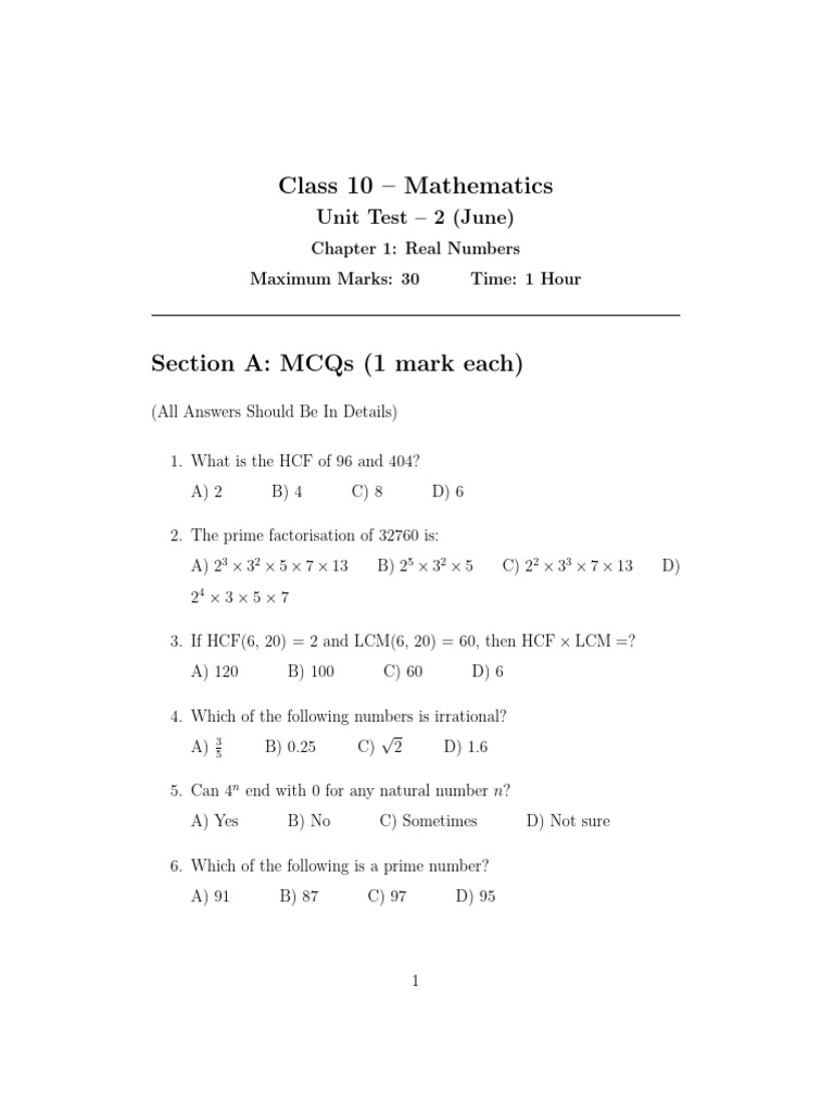 Class 10 Math Unit Test - 2 (CH - 1) | PDF | Numbers | Mathematical ...