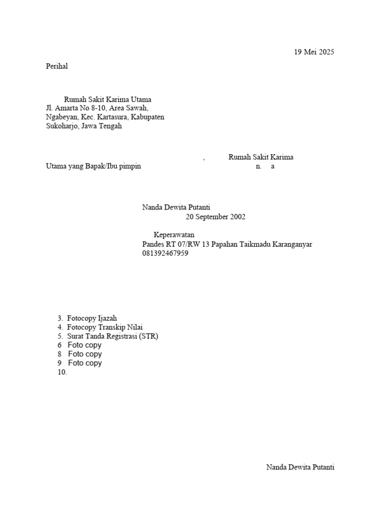 LAMARAN Rumah Sakit Karima Utama | PDF