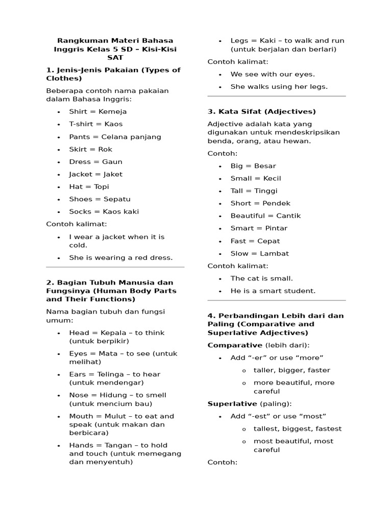 Rangkuman Bahasa Inggris Kelas 5 SD | PDF | Softlines (Retail) | Human ...