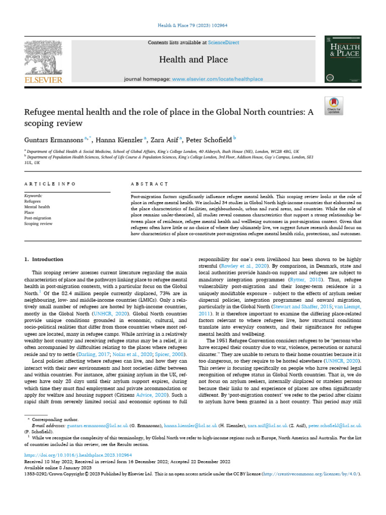 Refugee Mental Health and the Role of Place in the Global North ...