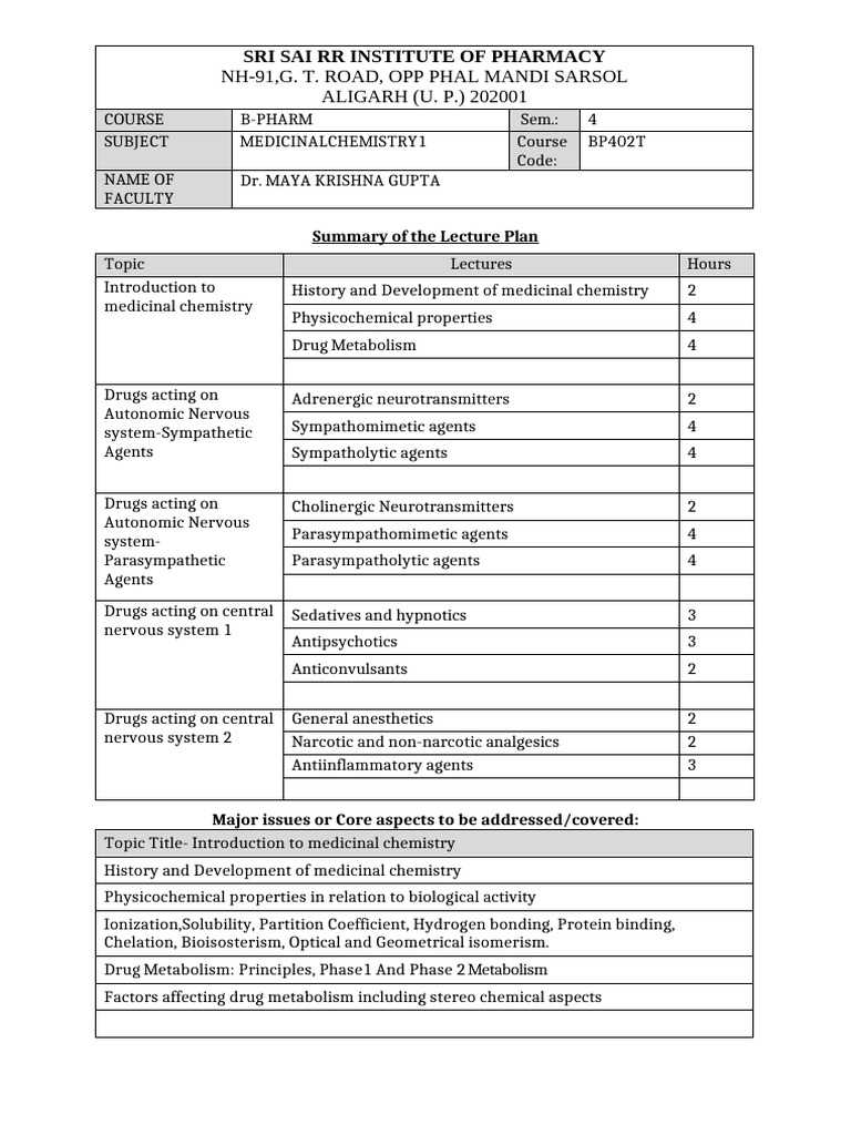 Lesson Plan BP 402t Medicinal Chemistry 1 | PDF | Acetylcholine ...