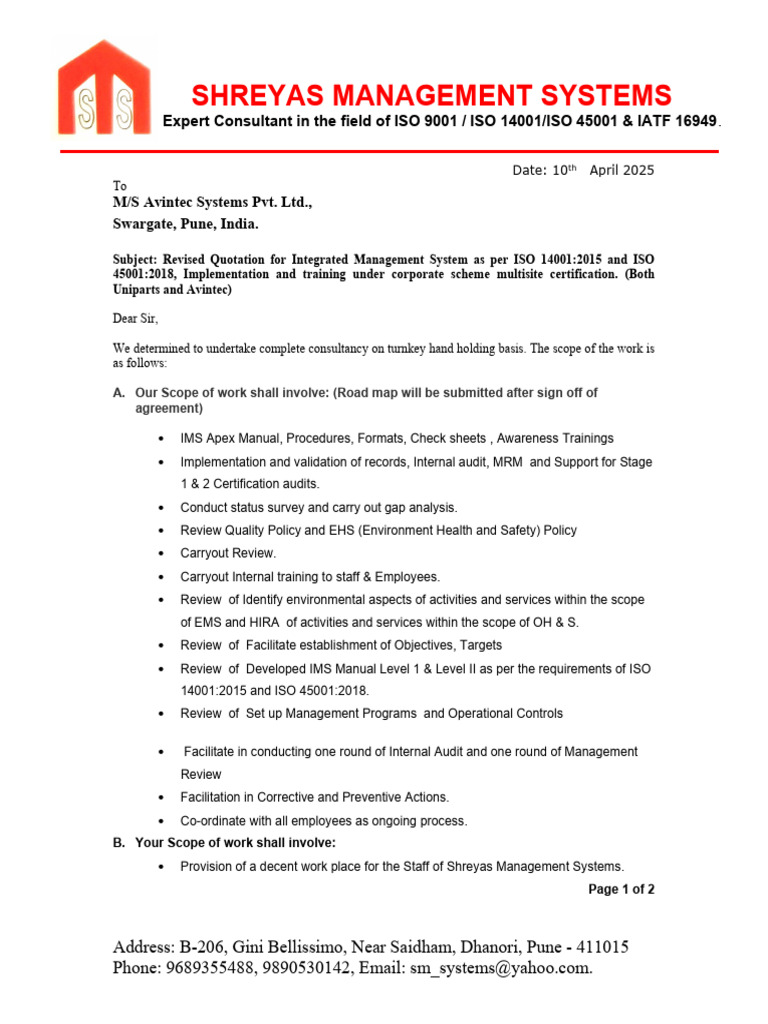 IMS Consultancy - Uniparts - Revised Quote | PDF | Audit | Business